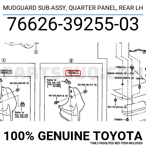 MUDGUARD SUB-ASSY, QUARTER PANEL, REAR LH 766263925503 | Toyota Parts ...
