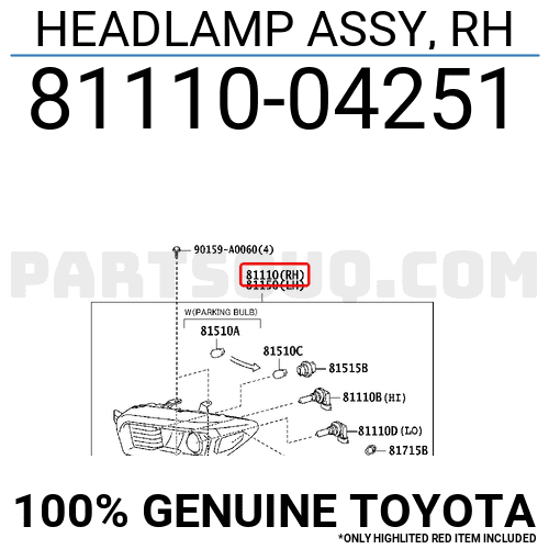 HEADLAMP ASSY, RH 8111004251 | Toyota Parts | PartSouq