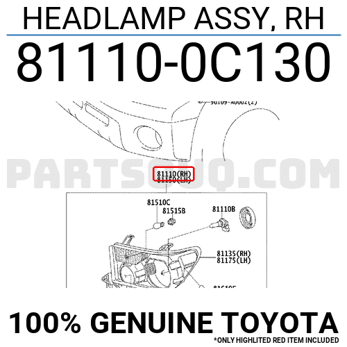 HEADLAMP ASSY, RH 811100C130 | Toyota Parts | PartSouq