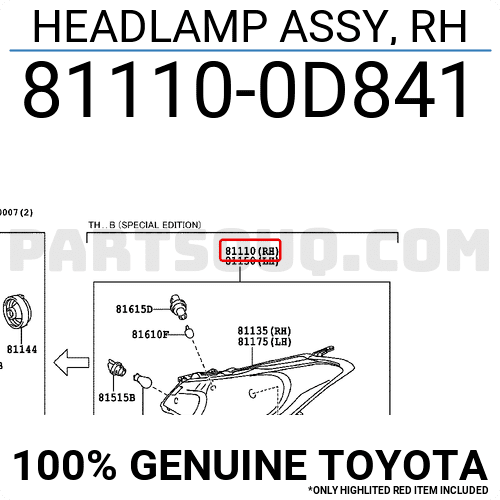 HEADLAMP ASSY, RH 811100D841 | Toyota Parts | PartSouq