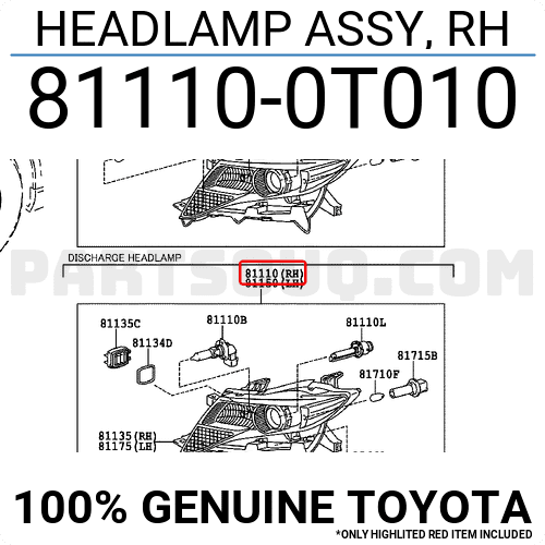 HEADLAMP ASSY, RH 811100T010 | Toyota Parts | PartSouq