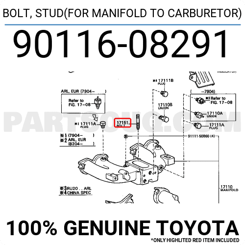 BOLT, STUD(FOR MANIFOLD TO CARBURETOR) 9011608291 | Toyota Parts | PartSouq