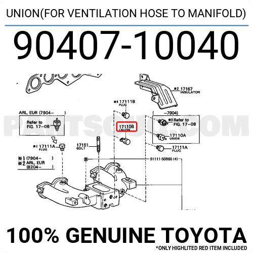 UNION(FOR VENTILATION HOSE TO MANIFOLD) 9040710040 | Toyota Parts ...