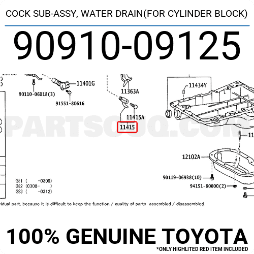 COCK SUB-ASSY, WATER DRAIN(FOR CYLINDER BLOCK) 9091009125 | Toyota ...